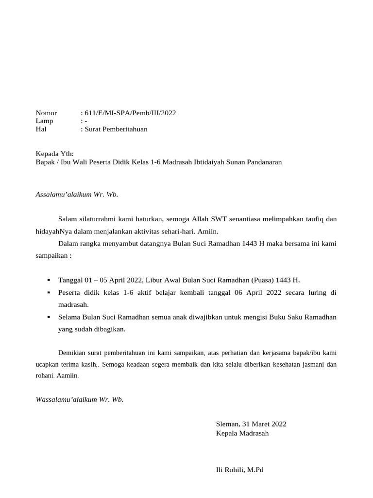 Surat Info Libur Awal Ramadhan | PDF