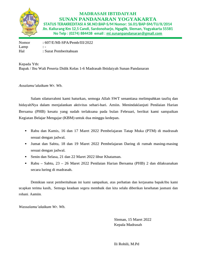 Jadwal KBM MI Sunan Pandanaran Maret 2022 | PDF