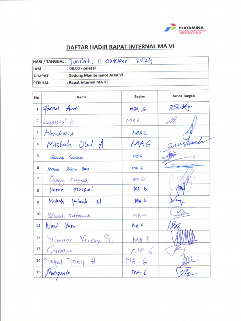 Absensi Rapat Internal Jumat 11 Okt 2024 | PDF