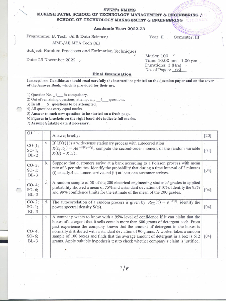 Random Processes and Estimation Techniques 2nd Year Sem III Year 2022 ...