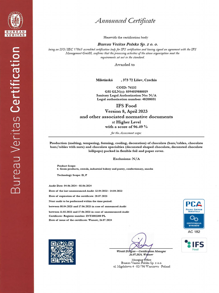 2024 IFS Food v 8 Certificate Announced_TSEVERKA | PDF | Snack Food ...