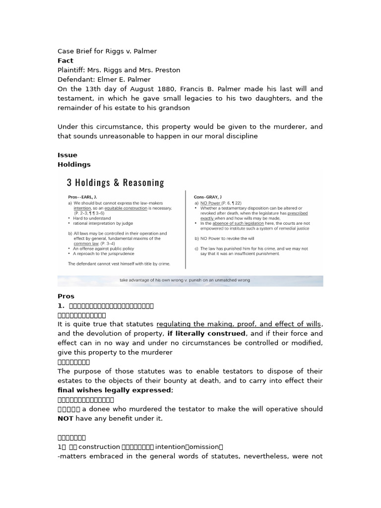 Case Brief For Riggs v. Palmer | PDF | Equity (Law) | Justice