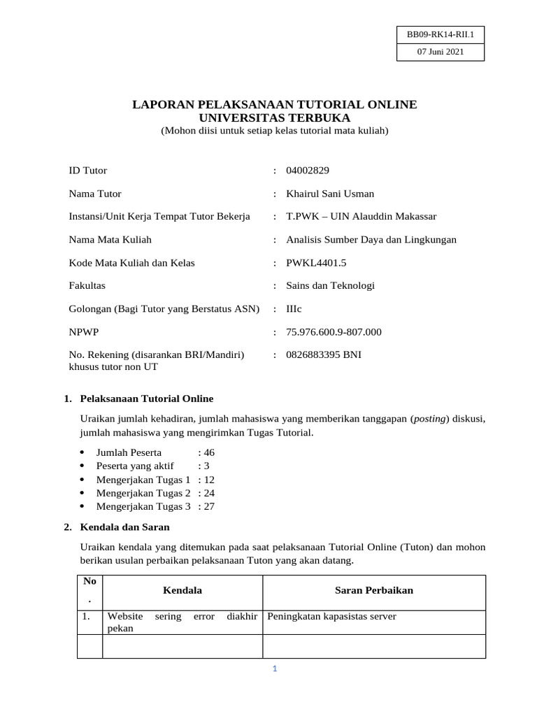 Lampiran 1. Format Laporan Tuton | PDF