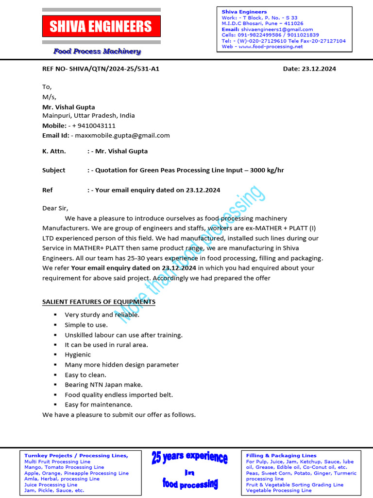 Green Peas Processing Plant-3000 KGHR Quotation | PDF | Fruit Preserves ...