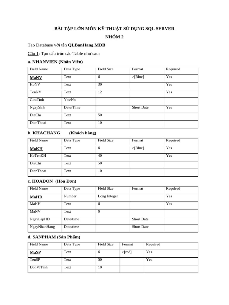 BÀI TẬP LỚN MÔN KỸ THUẬT SỬ DỤNG SQL SERVER | PDF