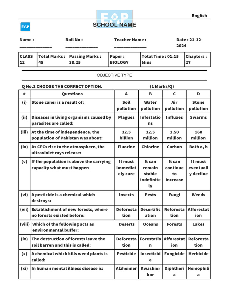 Class 12 Biology Exam Paper 2024 | PDF | Soil | Natural Environment