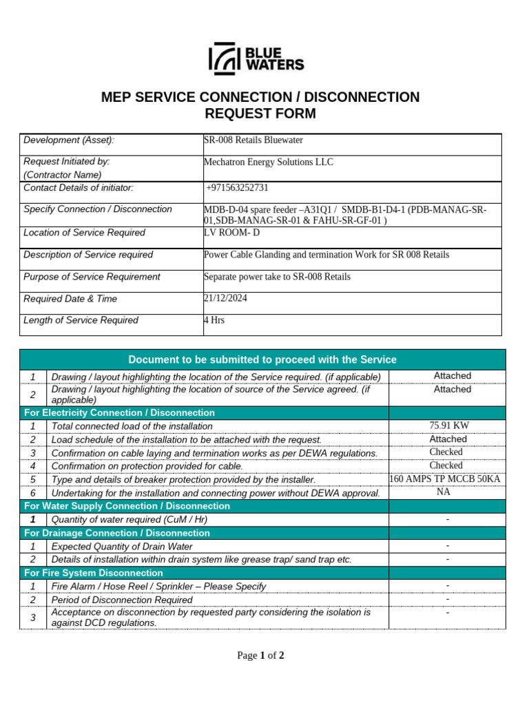 Mep Form Bluewaters | PDF | Electrical Engineering | Electricity