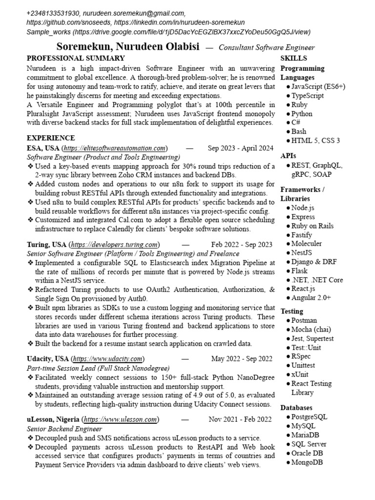 CV of Nurudeen Soremekun-1 | PDF | Java Script | Postgre Sql