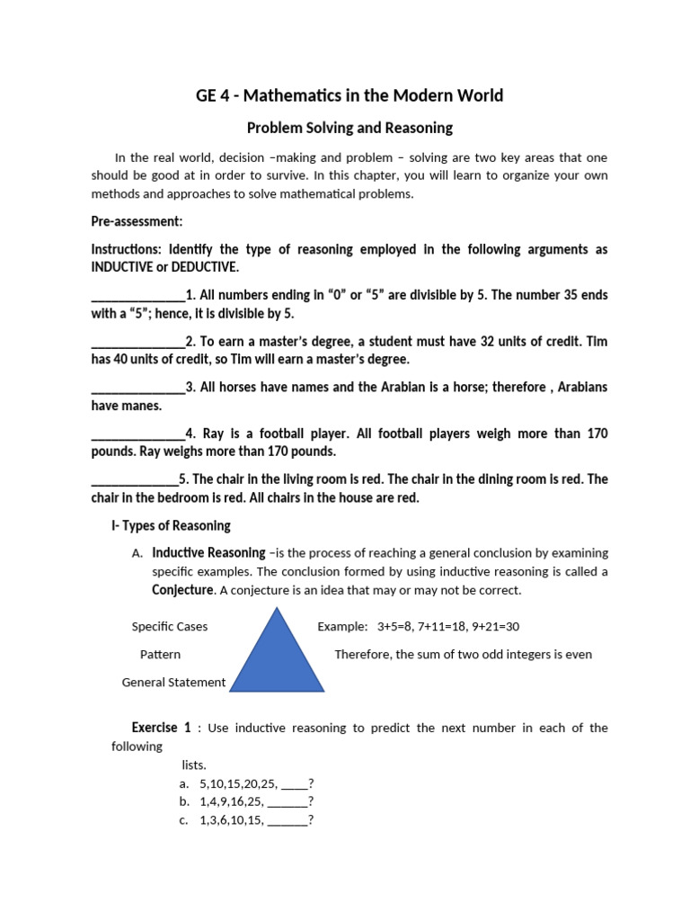 GE 4. Problem Solving and Reasoning | PDF | Inductive Reasoning | Mathematics