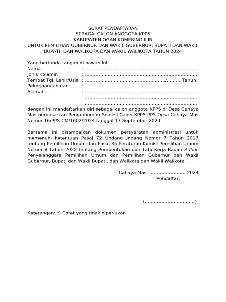 SURAT - PENDAFTARAN Kpps | PDF