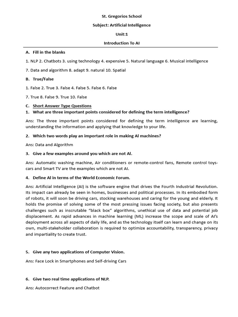 Class10 AI Unit 1 Introduction To AI | PDF | Machine Learning | Deep Learning