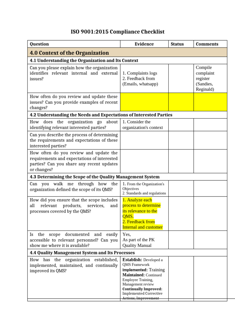 9001-2015-Audit-Checklist - Yet To Finish | PDF | Quality Management ...