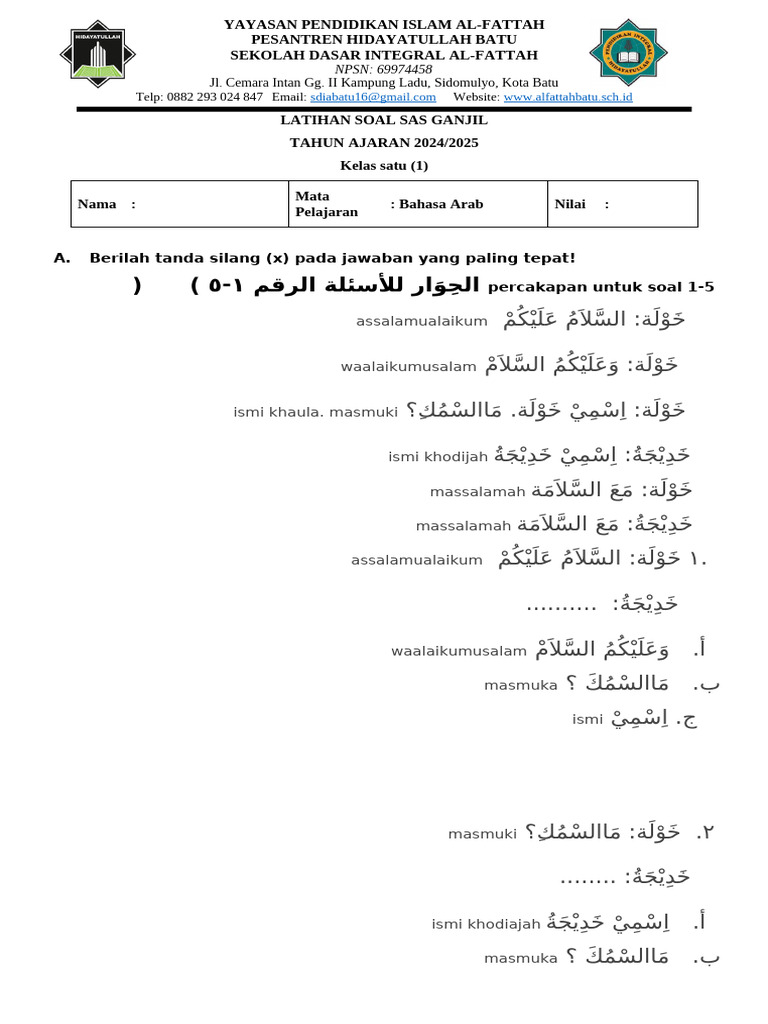 LATIHAN SOAL bahasa arab kelas 1 SAS GANJIL-1- | PDF