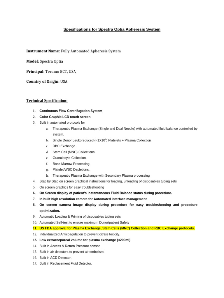 Specifications For Spectra Optia Apheresis System | PDF