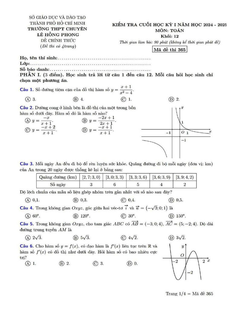 De Cuoi Hoc Ky 1 Toan 12 Nam 2024 2025 Truong Chuyen Le Hong Phong TP HCM | PDF