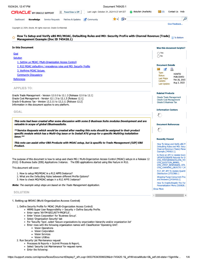 How To Setup and Verify EBS MO-MOAC Defaulting Rules and MO Security Profile With Channel ...