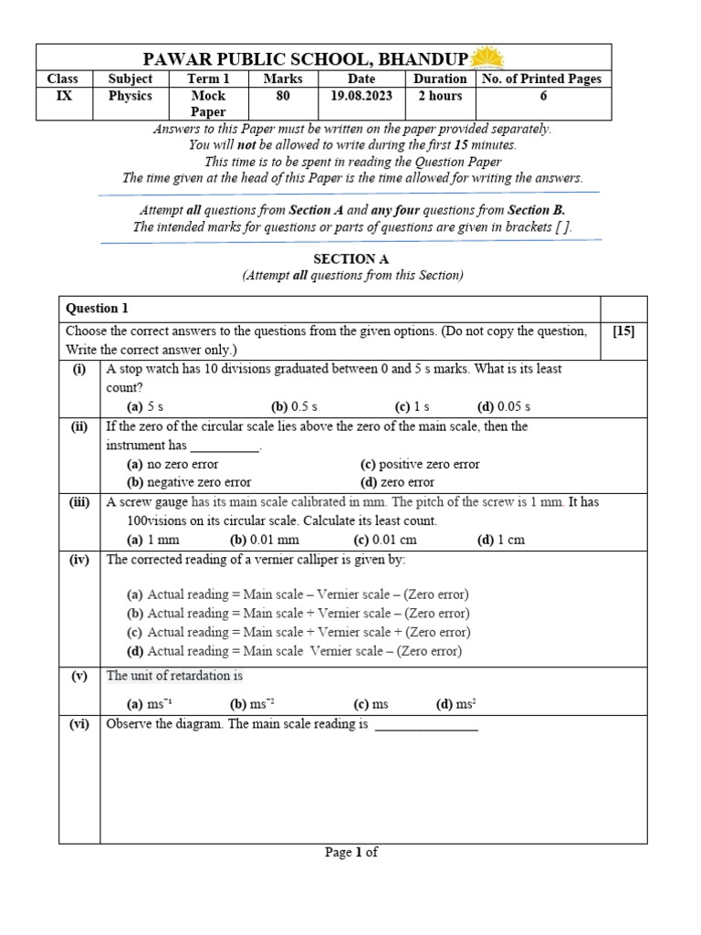 Grade 9 Physics Term I Mock Paper | PDF | Force | Acceleration