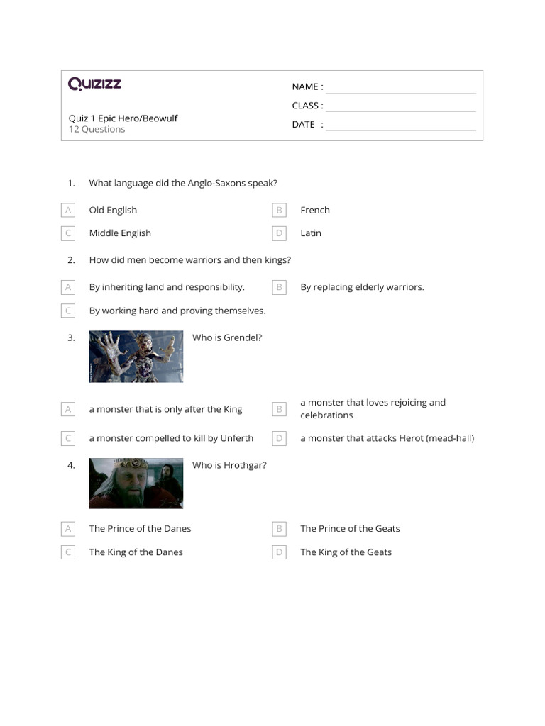 Quiz 1 Epic Hero-Beowulf | PDF | Beowulf | Old English Poems