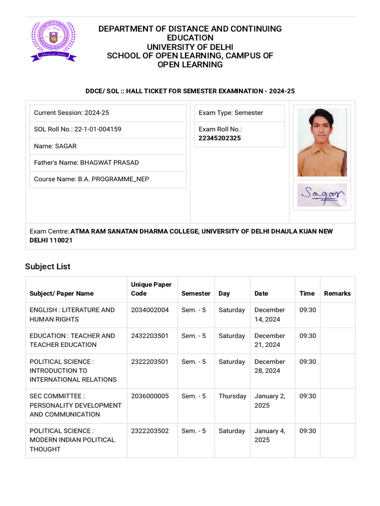 Sagar Admit Card | PDF