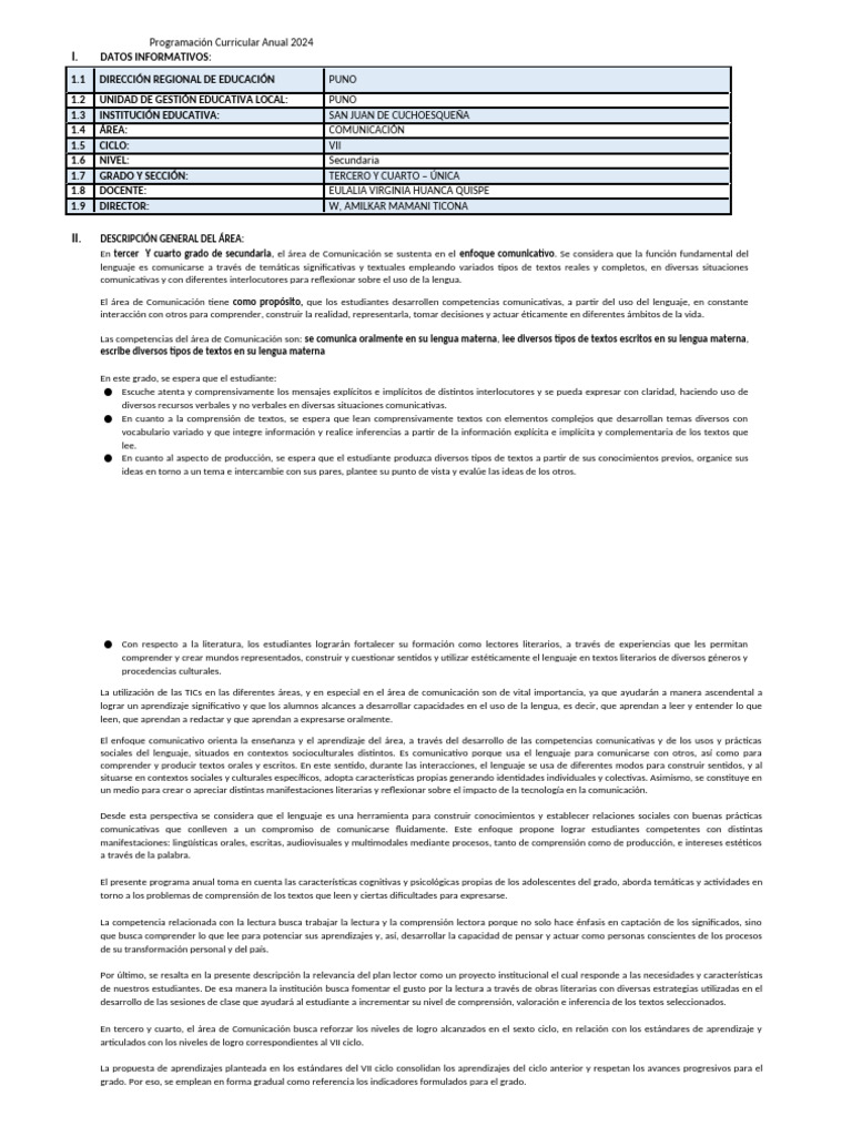 Programacion Anual Ciclo VII 3RO Y 4TO Año 2024 | PDF | Aprendizaje | Comunicación