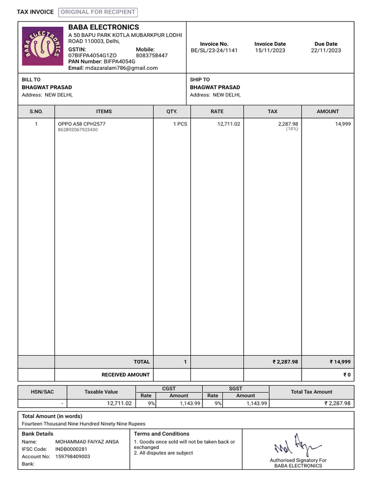 BE SL 23-24 1141-Sales invoice-BHAGWAT PRASAD | PDF | Public Finance | Economy Of India