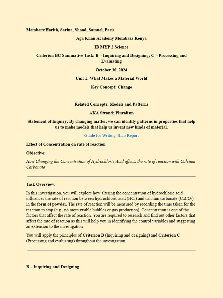 IB MYP 2 Science SA BC - Docx by Sarina Muravvej - Docx 1 | PDF | Acid | Hydrochloric Acid