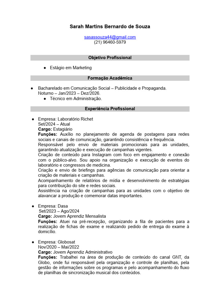 Currículo Sarah Atualizado | PDF
