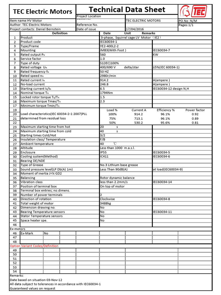 HV Motor Technical Data Sheet | PDF | Electric Motor | Machines