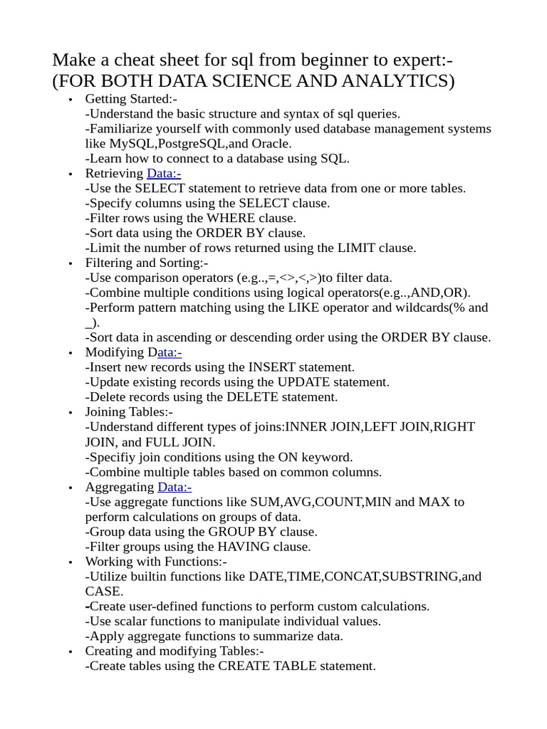 Cheat Sheet For SQL From Beginner To Expert | PDF | Database Index | Databases