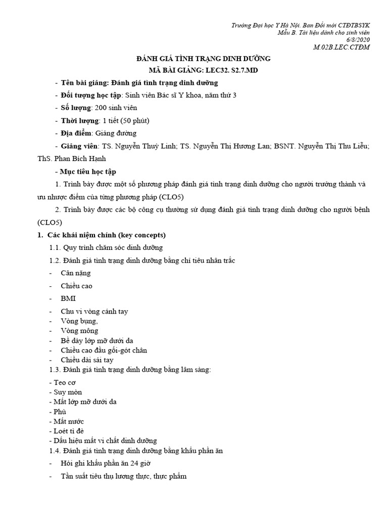 LEC32 (Heading) Đánh Giá Tình Trạng Dinh Dưỡng | PDF