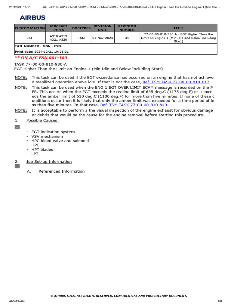 EGT Overlimit Procedure for Engine 1 | PDF | Airbus | Aircraft