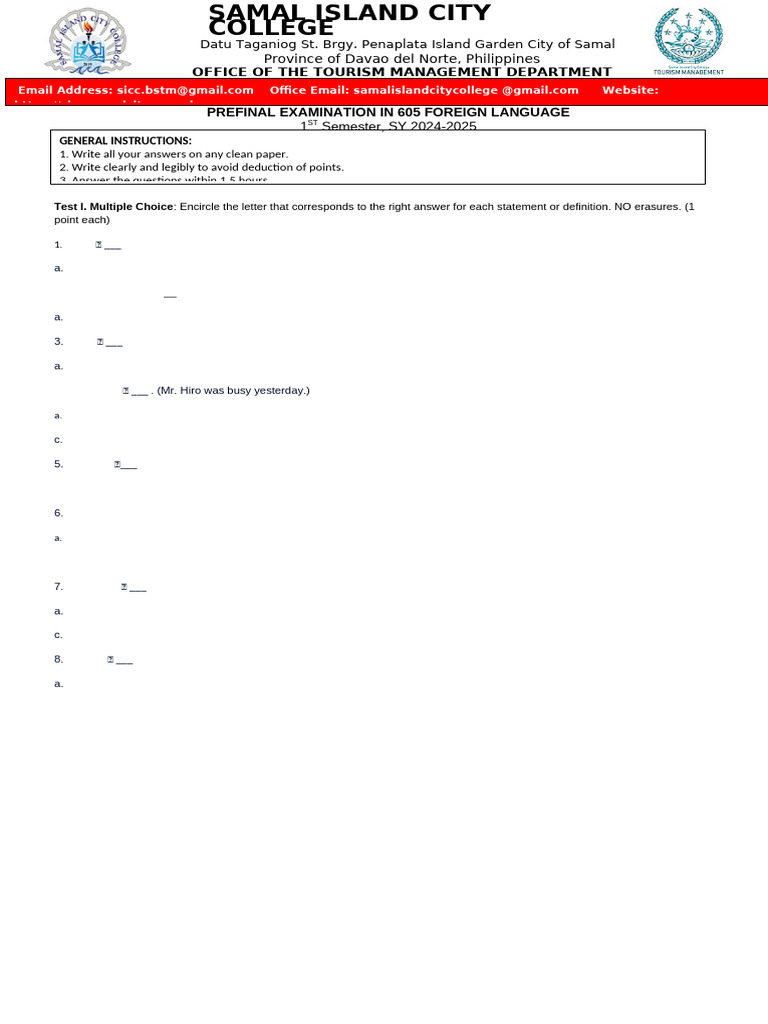Prefinal Exam FL1 7-10am | PDF