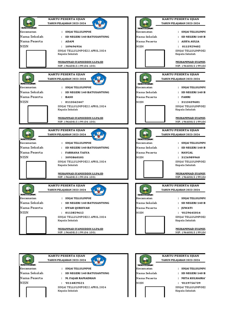 Id Card Peserta Us 2024 SD Sinjai Fix | PDF