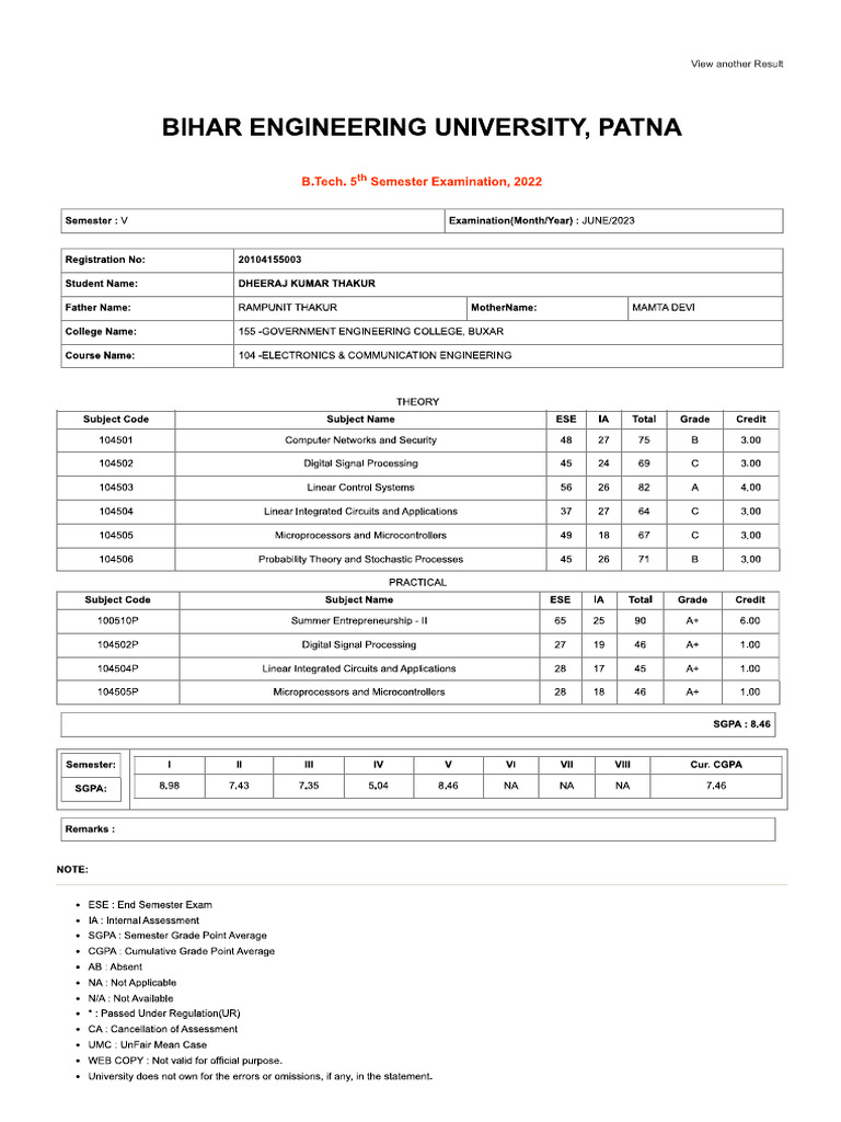 5th Sem Marksheet Pdf