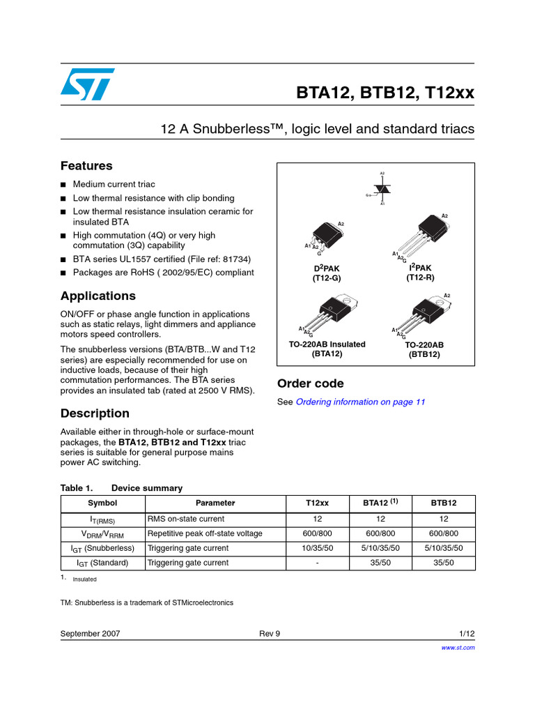STMicroelectronics BTA12 600BRG Datasheet | PDF | Electrical Engineering | Electricity