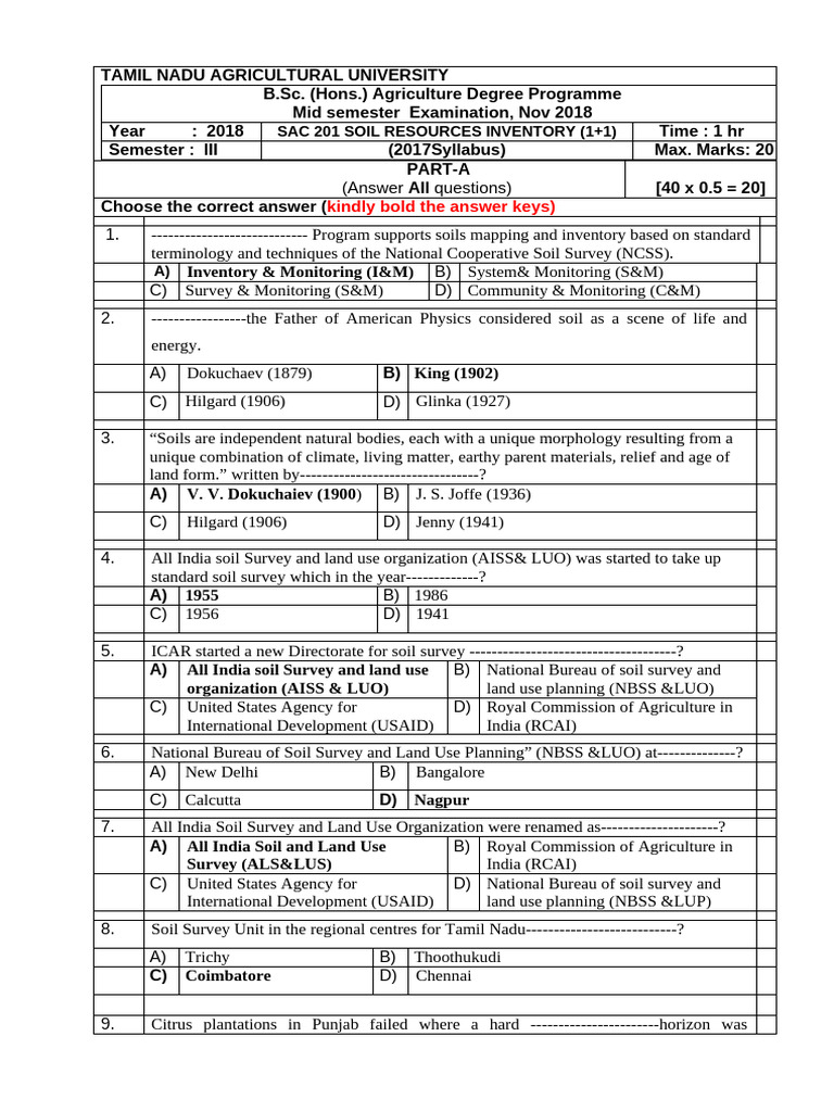TNAU-SAC 201-Template For 20 Marks (Midsem) | PDF | Soil | Physical ...