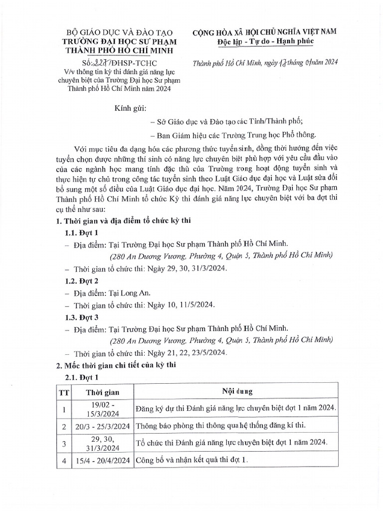 227 17.01.2024 CV Thong Tin Ky Thi DGNL Chuyen Biet Hcmue Nam 2024. | PDF