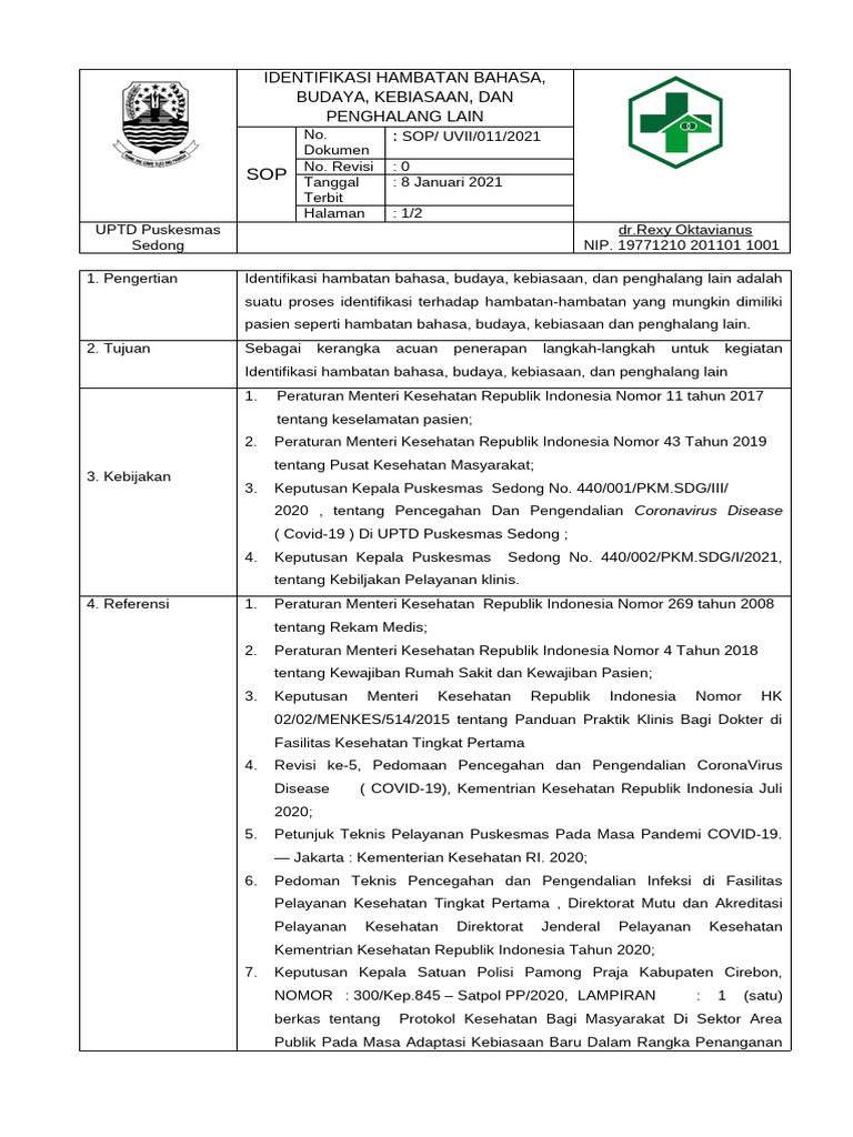 7.1.5.1 SOP Identifikasi Hambatan Bahasa Sedong | PDF 7.1.5.1 SOP Identifikasi Hambatan Bahasa Sedong | PDF