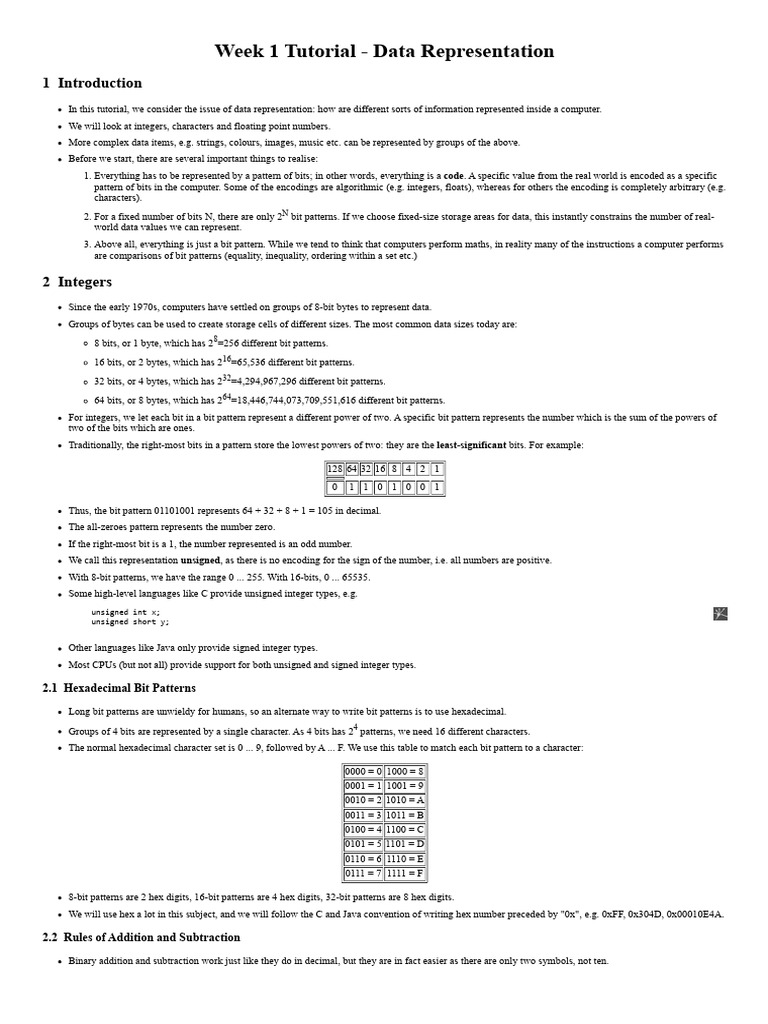Week 1 Tutorial - Data Representation | PDF | Integer (Computer Science) | Bit