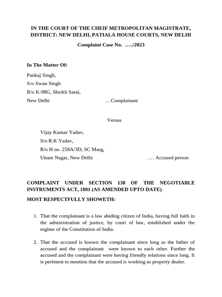 138 Complaint (1) | PDF | Affidavit | Cheque