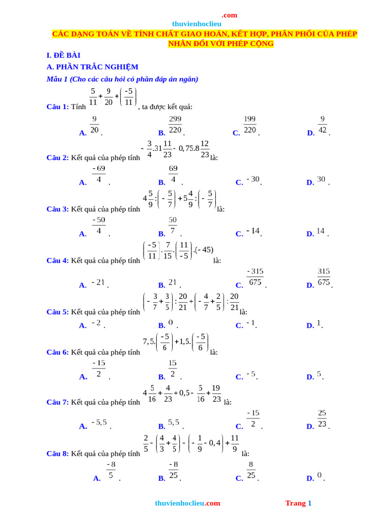 9 Cac Tinh Chat Giao Hoan Ket Hop Phan Phoi Cua Phep Nhan Doi Voi Phep Cong | PDF