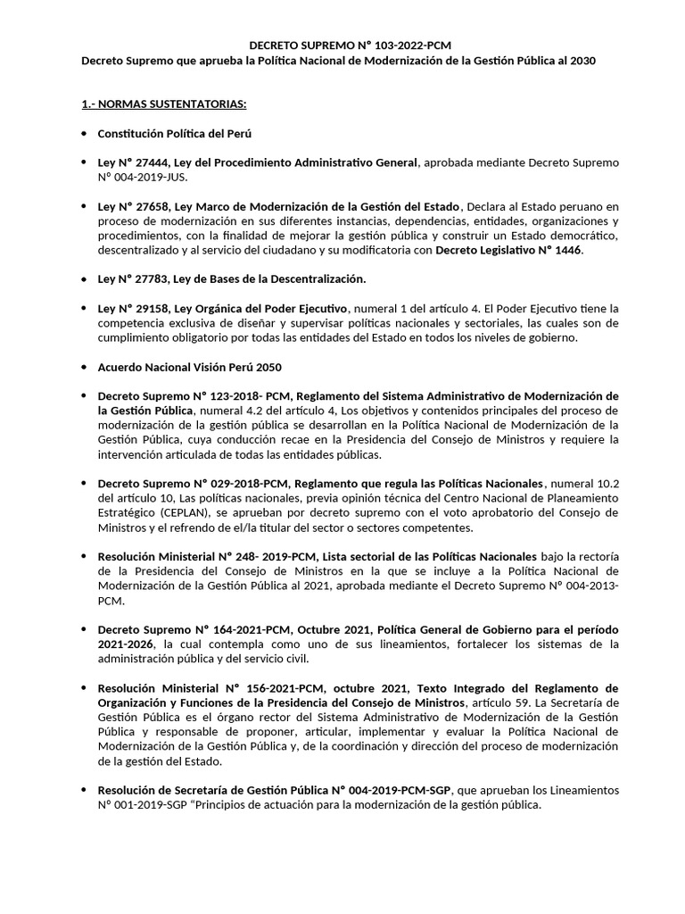 DS 103-2022-PCM, Polit Nac de Moderniz Gest Públ, Analisis, conclus ...