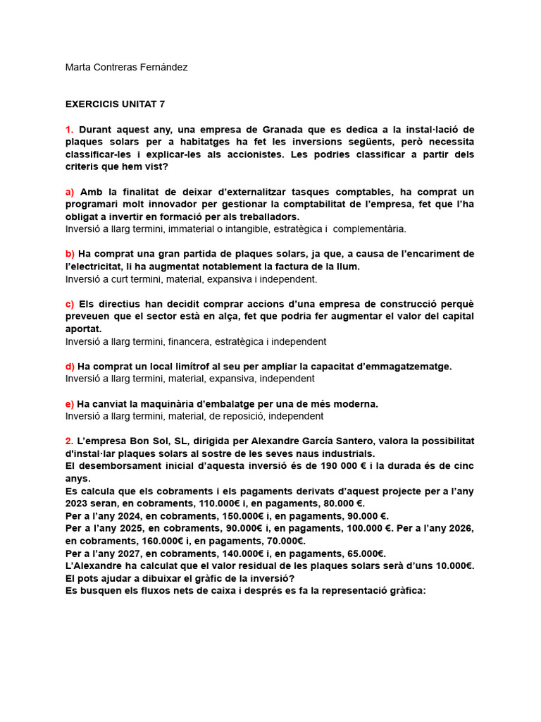 Marta Contreras Fernández - 7. UNITAT 7 Exercicis Payback I VAN | PDF