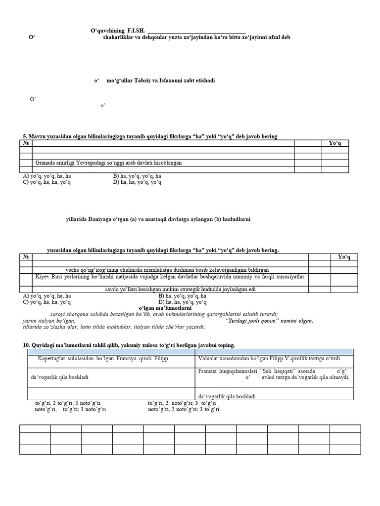 8-Sinf Jahon Tarixi 1-Yarim Yillik | PDF