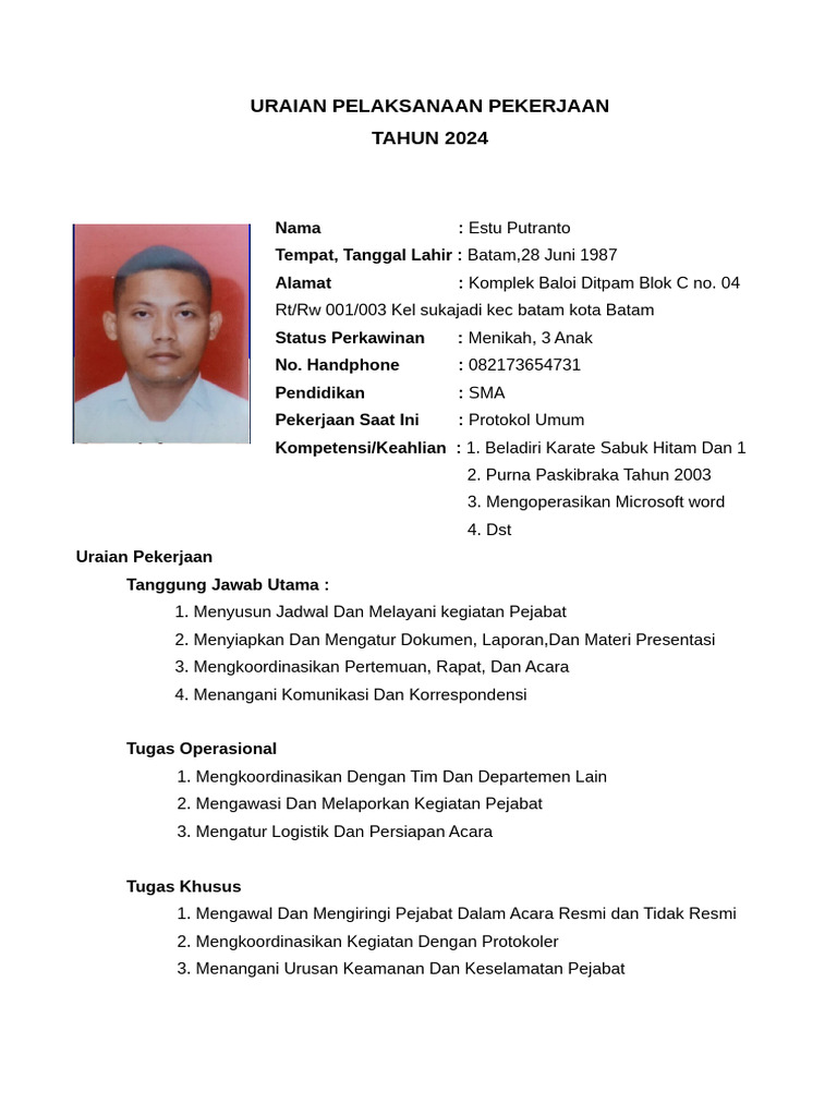 Uraian Pekerjaan Ajudan Tahun 2024 - Estu | PDF