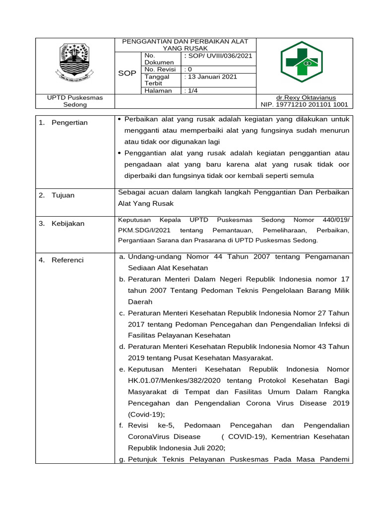 E.P. 8.6.2.5 Sop Penggantian Dan Perbaikan Alat Yang Rusak Sedong 2021 ...