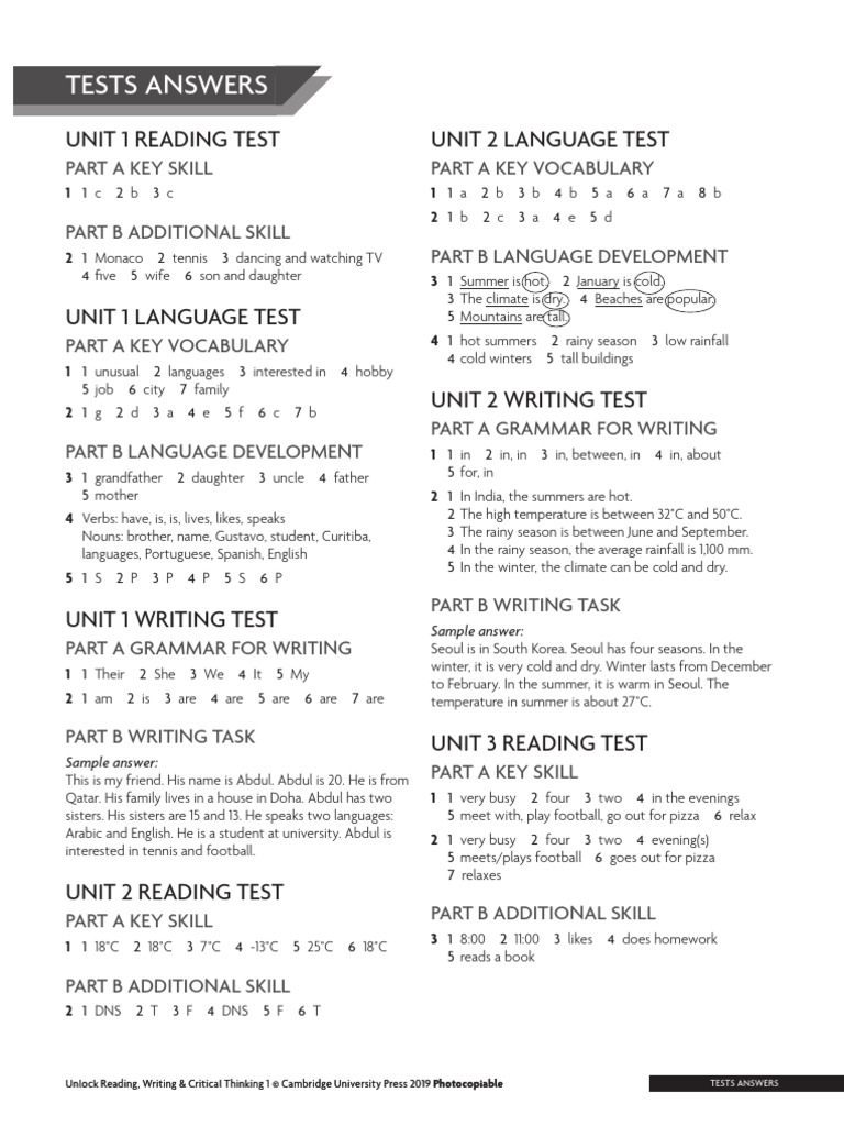 Unlock 2e RW1 Tests - Answer Keys | PDF | Cuisine | Foods