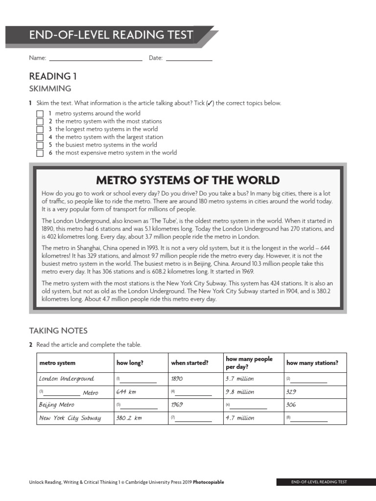 Unlock 2e RW1 Tests - End-Of-Level | PDF | Rapid Transit | Menu