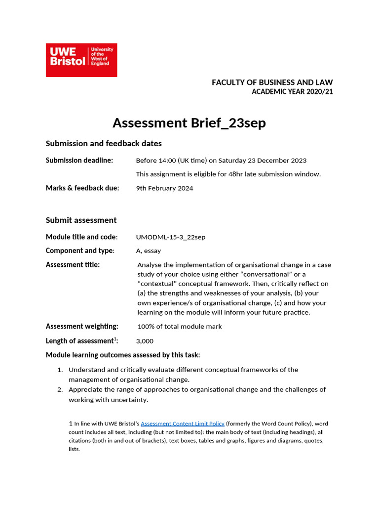 MOC Assignment Brief and Guidance 23sep | PDF | Organizational Behavior | Essays
