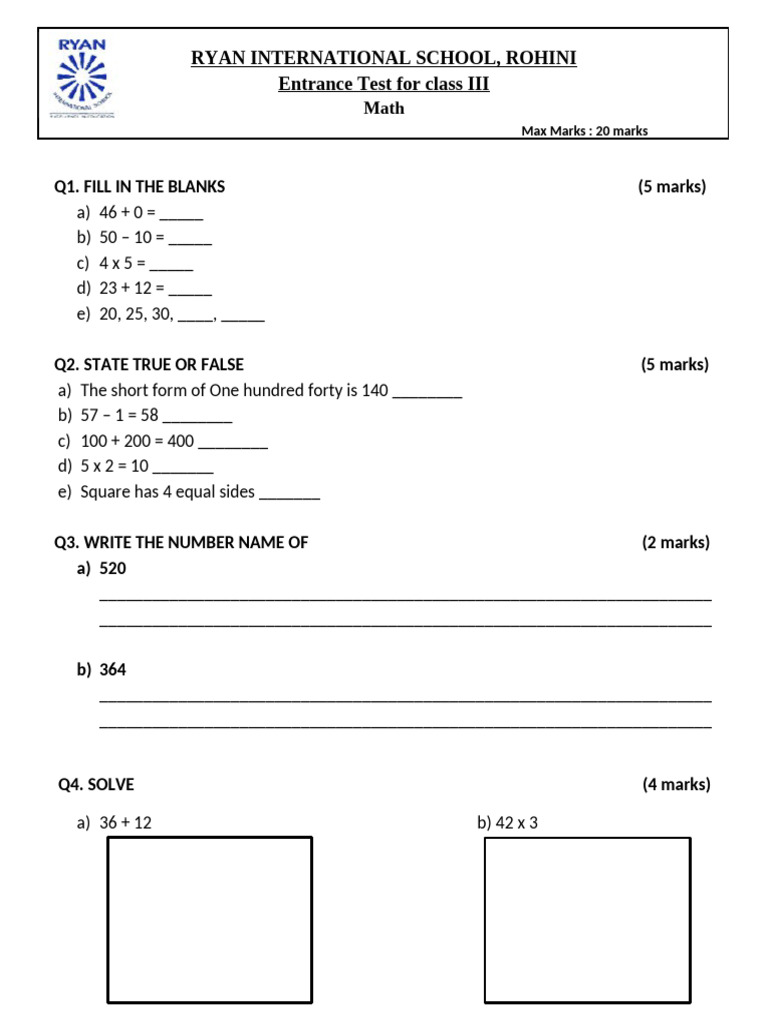 Entrance Math Test Class 3 | PDF